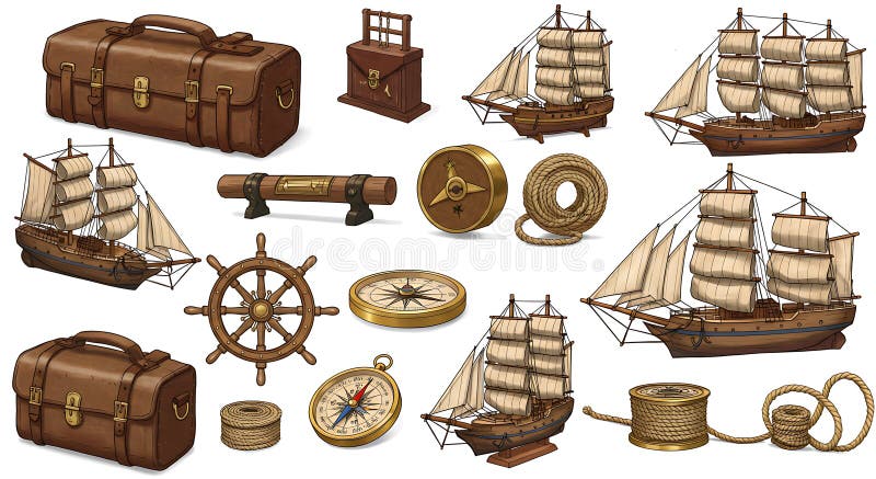 Collection of Nautical-themed Objects Includes Detailed Illustrations ...