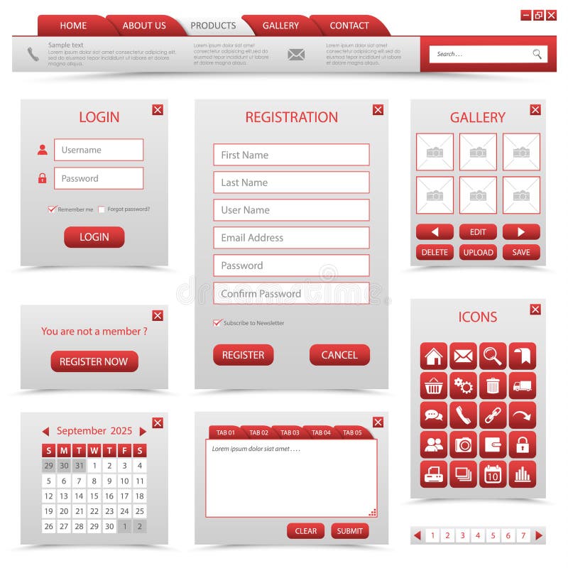 Collection Navigation Elements for Website in Red Design Stock Vector ...