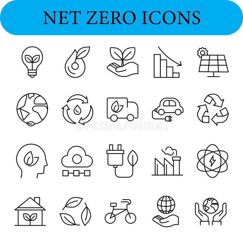 Collection of "Net Zero" Icons Representing Sustainability and ...