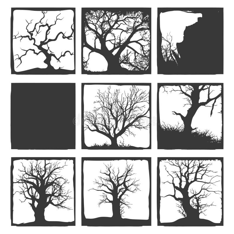Collection of Nine Bare Trees Silhouettes in Square Frames Stock Vector ...
