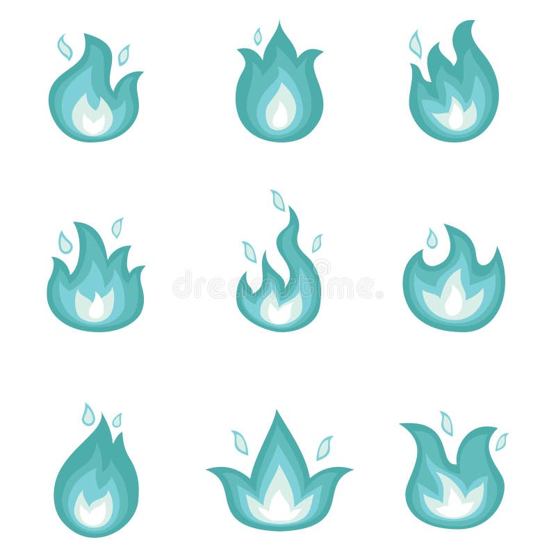 Collection of Nine Blue and White Fire Flame Icons in Various Shapes ...