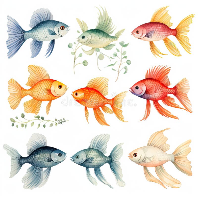 A Collection of Nine Colorful Goldfish in Various Poses Surrounded by ...