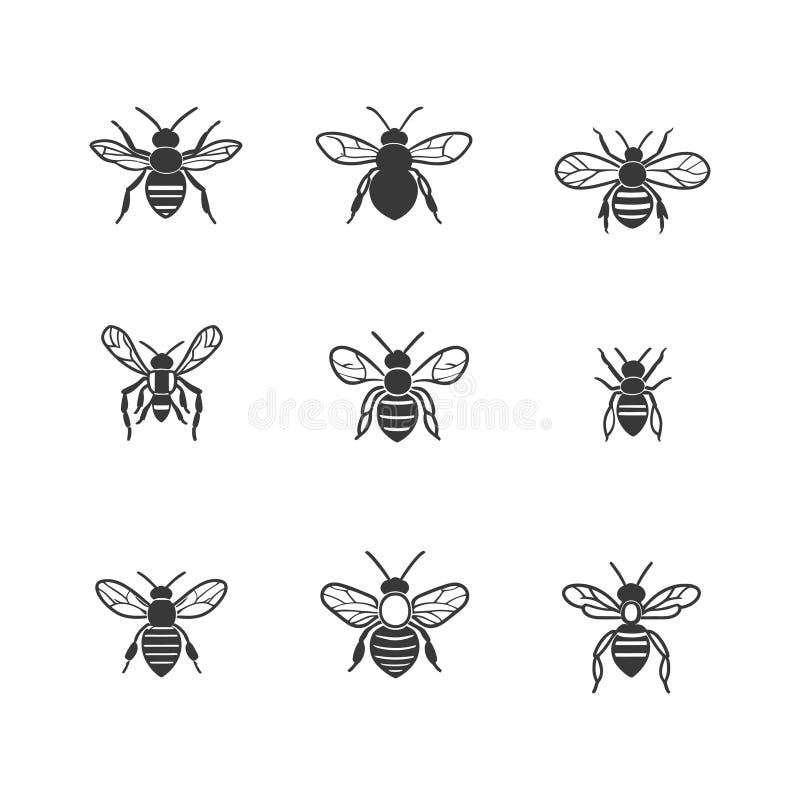 Nine Stylish Bee Icons: Collection of Simple Black Bee Silhouettes ...