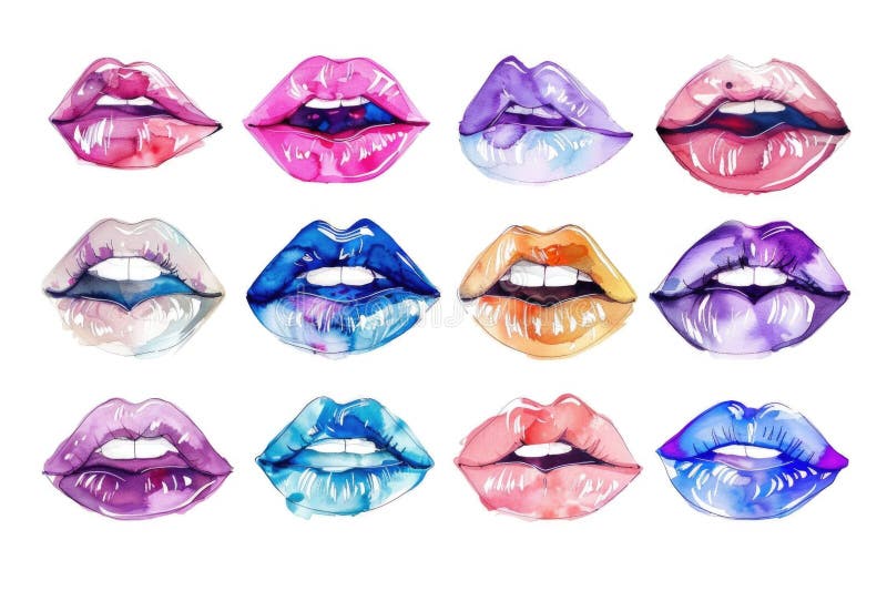 A Collection of Nine Different Colored Lips Painted in Watercolor Style ...