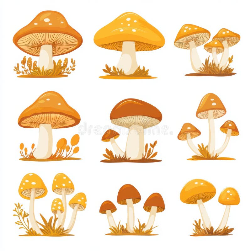 Collection of Nine Different Mushroom Designs with Various Colors and ...