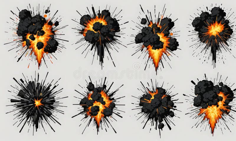 Collection Nine Explosion-like Images, Varying in Size and Shape, with ...