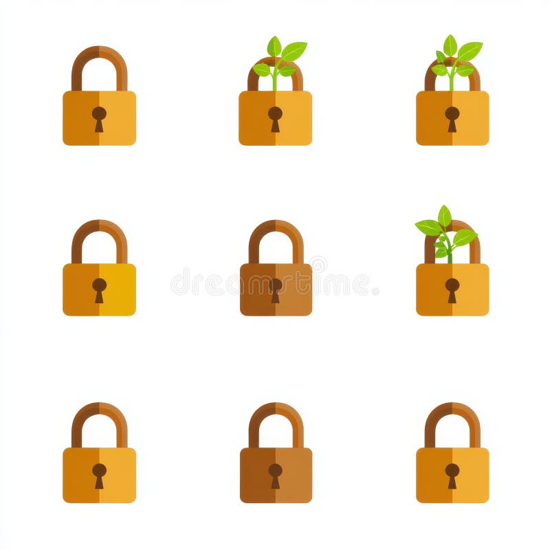 A Collection of Nine Flat Design Style Locks with Some Having Plants ...