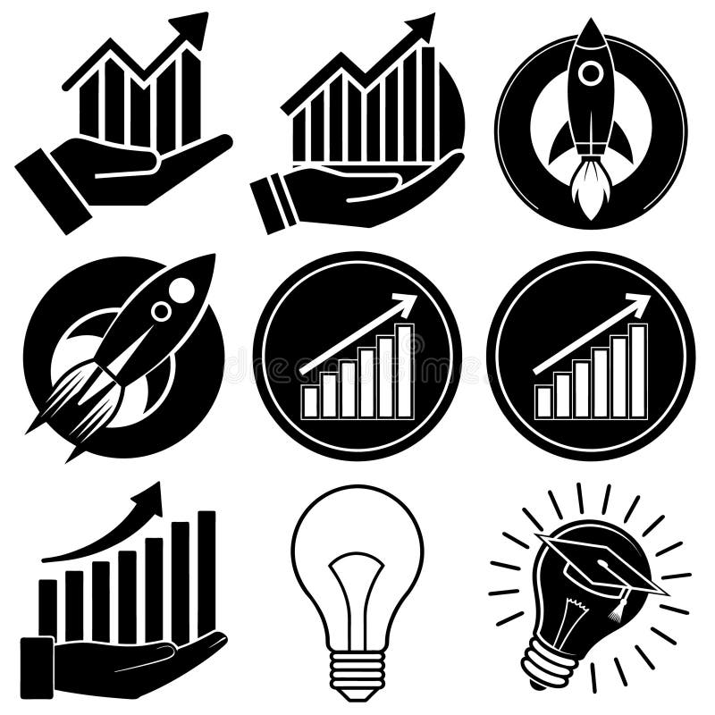 Startup Success Icons Rocket Launch, Growth Charts, Idea Bulb ...
