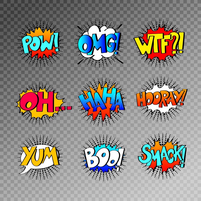 Collection of Nine Multicolored Comic Sound Effects in Pop Art S Stock ...