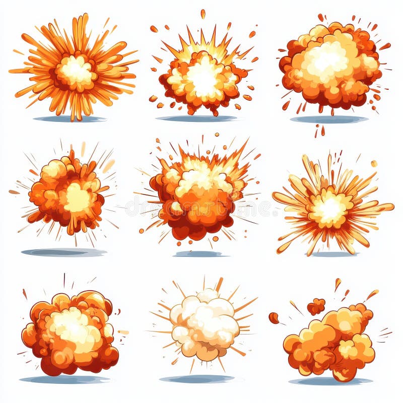 Nine Pixel Art Explosions Orange and Yellow Effects on White Background ...