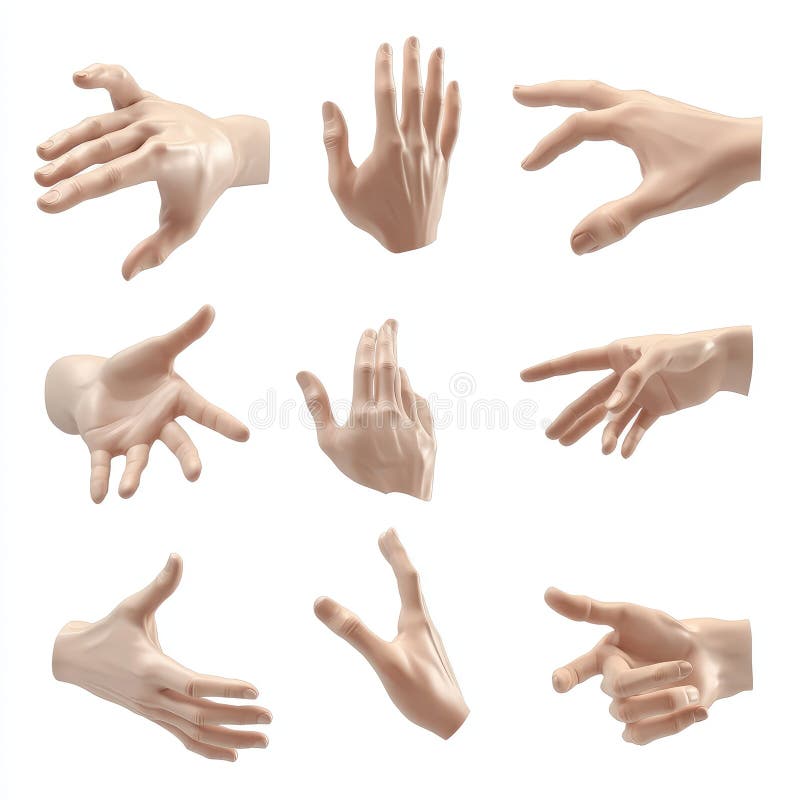 Collection of Nine Realistic 3D Rendered Human Hands in Various ...