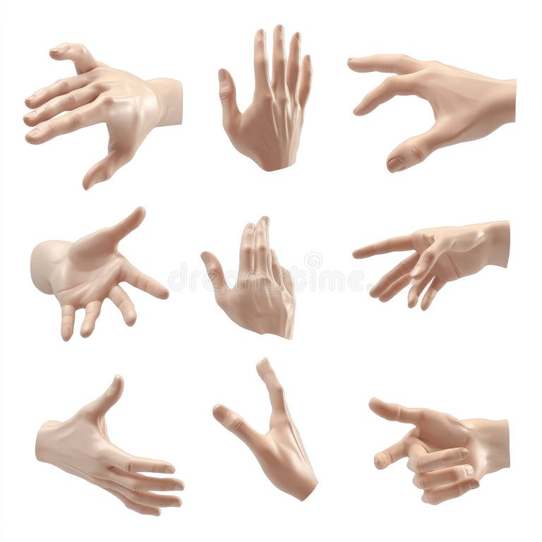 Collection of Nine Realistic 3D Rendered Human Hands in Various ...