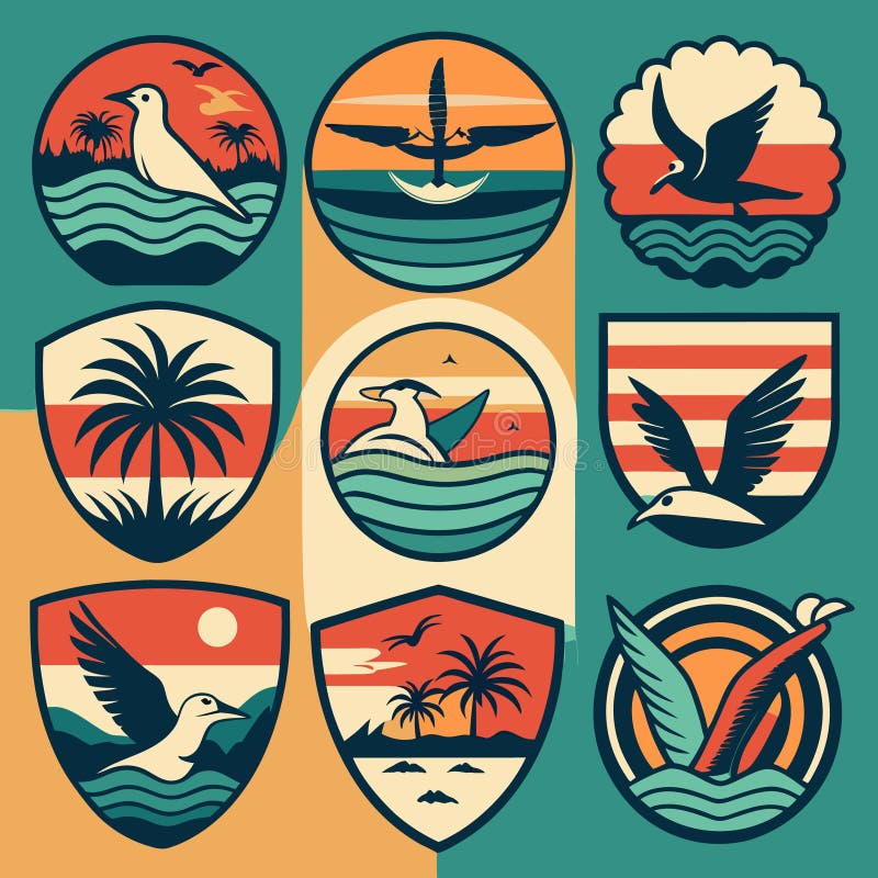 Collection of Nine Retro Style Seagull and Beach Themed Badge Stock ...