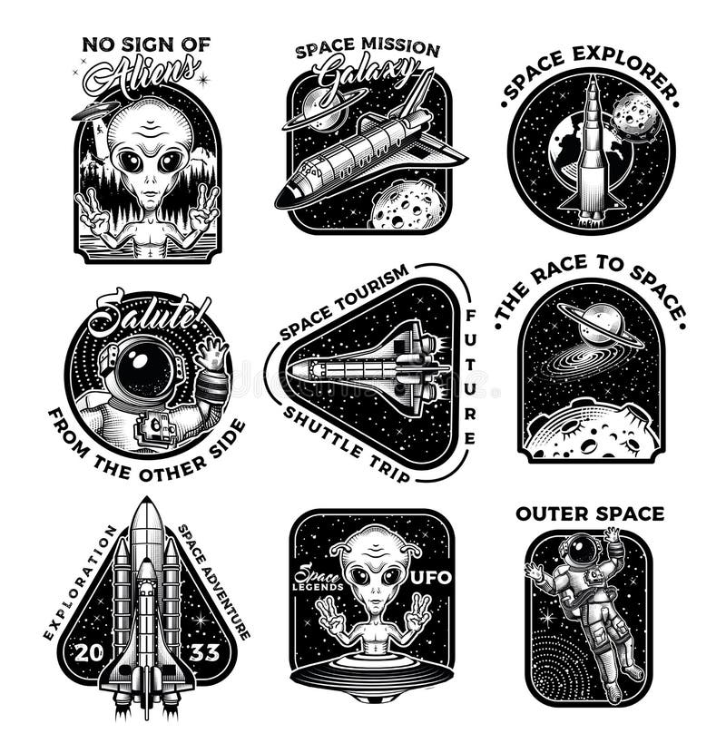 Collection of Nine Space Exploration Logos. Vector Illustration Stock ...