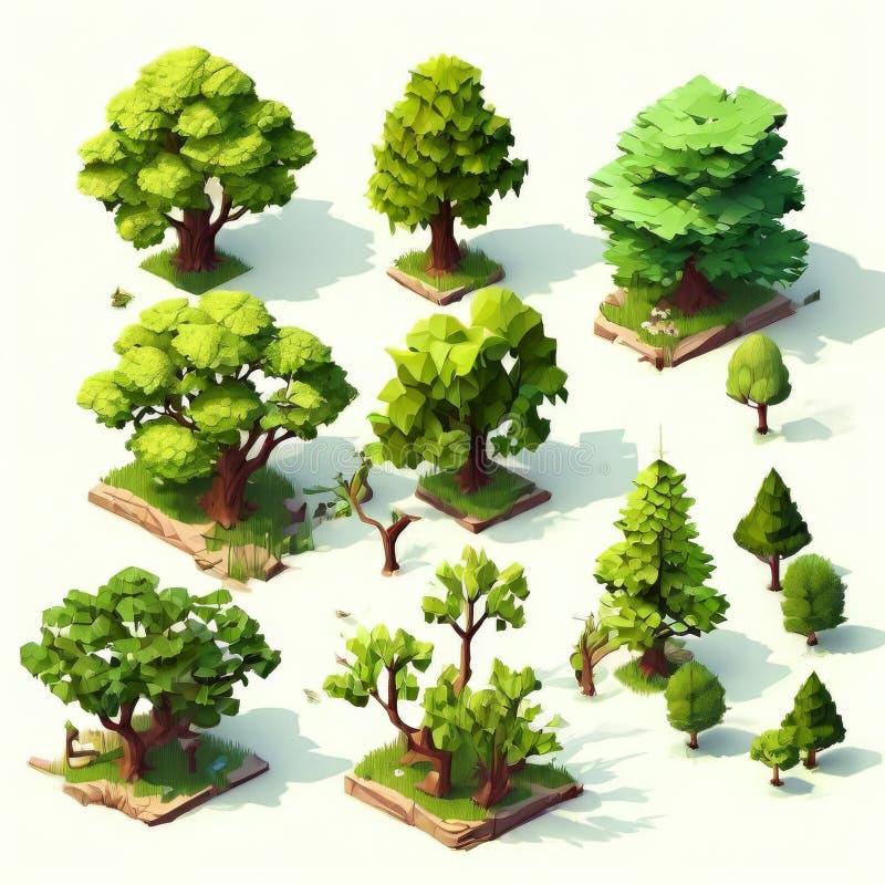 Stylized 3D Low-poly Trees in Various Shapes and Sizes Stock Image ...