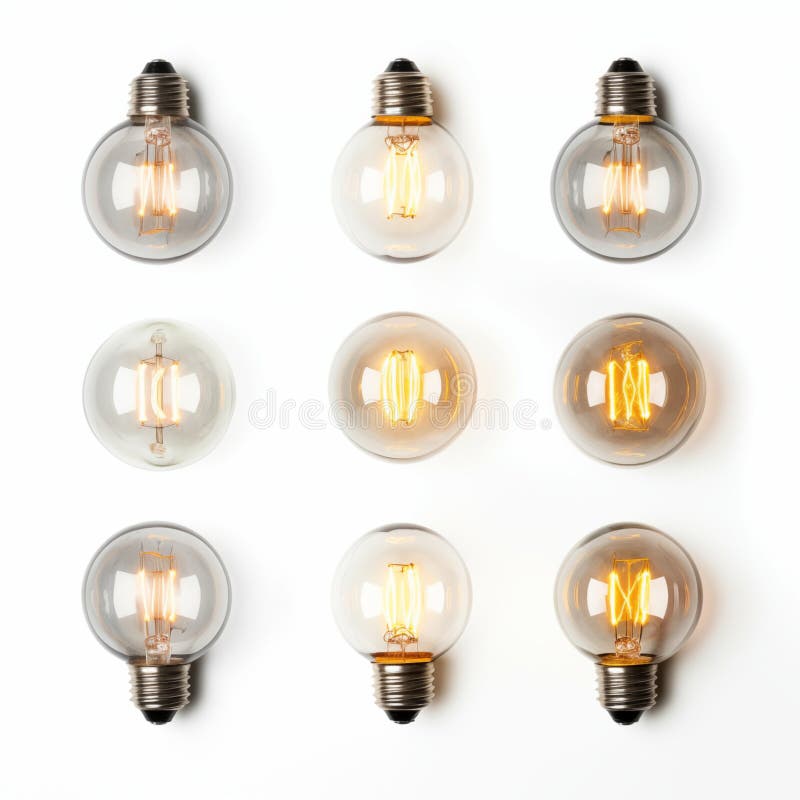 Collection of Nine Vintage Light Bulbs on a White Background Stock ...