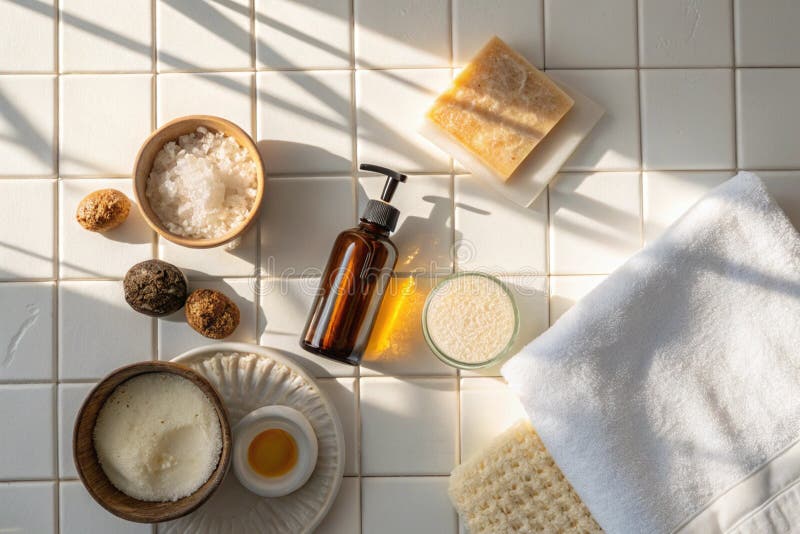 Various Objects on White Tile Background with Warm Sunlight Stock ...