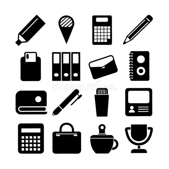 Flat Black and White Vector Icons Representing Office Supplies and ...