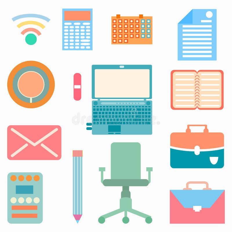 Collection of Office Objects Icons in Gentle Colors Stock Illustration ...