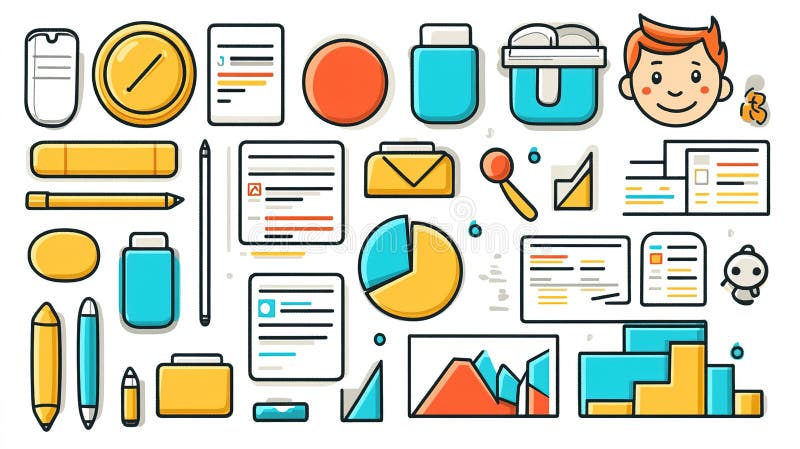 Collection of Office Supplies, Documents, and Charts Stock Illustration ...