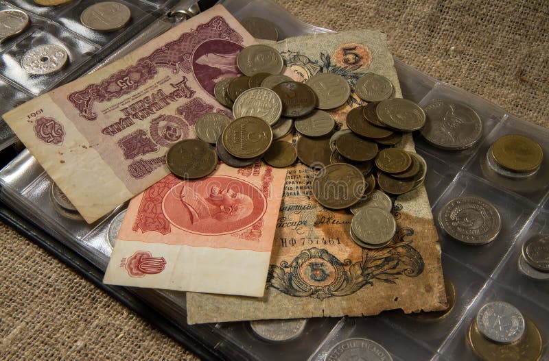 Collection of Old Coins and Banknotes. Stock Photo - Image of times ...