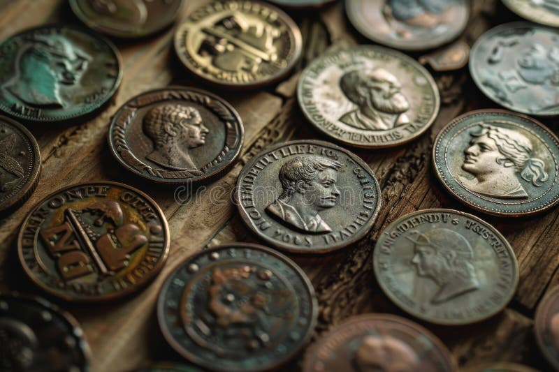 A Collection of Old Coins with Various Faces and Inscriptions Stock ...