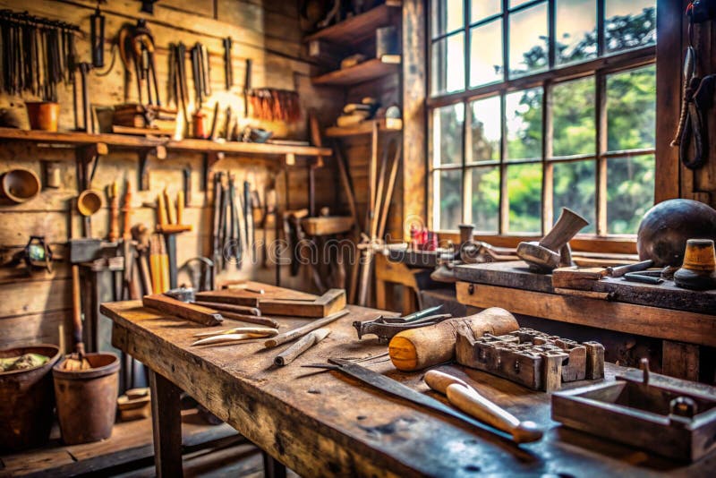 Old Hand Tools in Vintage Workshop Setting Stock Illustration ...