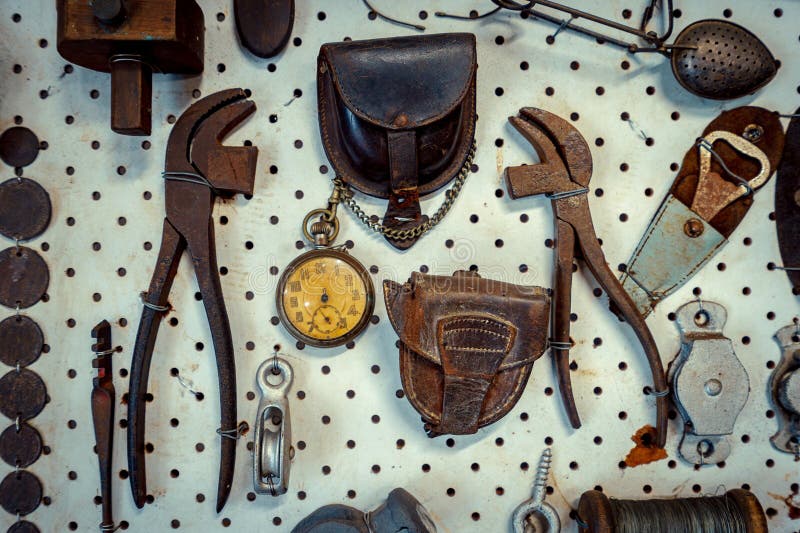 A Collection of Old Hand Tools Arranged on the Wall Stock Photo - Image ...