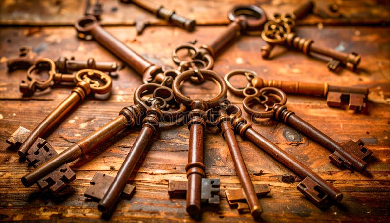 A Collection of Old Keys are Arranged in a Circle on a Wooden Surface ...