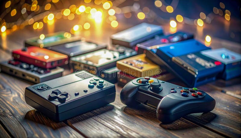 A Collection of Old Video Game Controllers Sit on a Wooden Table Stock ...