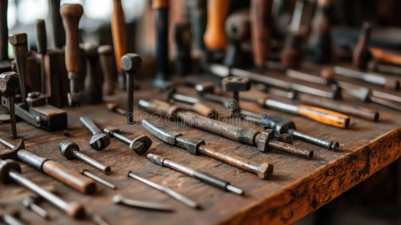 A Collection of Old, Worn Tools and Hardware on a Wooden Workbench ...