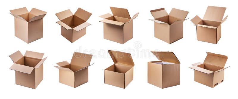 Collection of Open Cardboard Boxes for Shipping, Isolated on ...