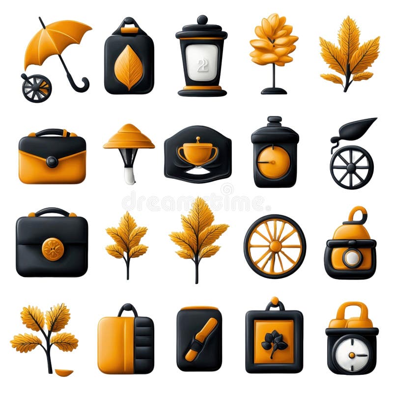 Collection of Orange and Black Icons Featuring Nature, Tools, and ...