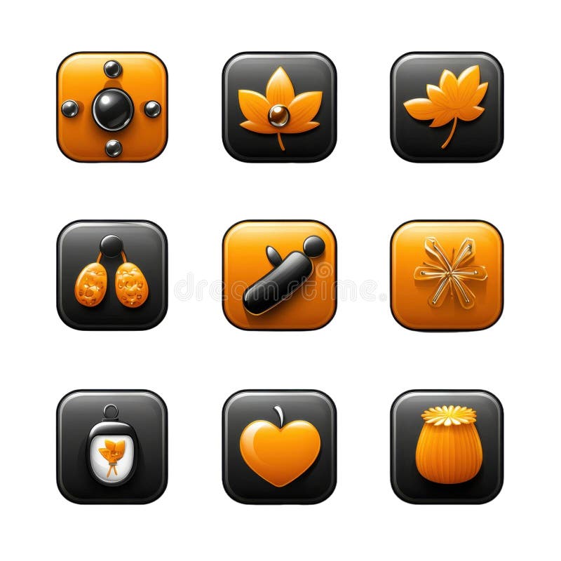 Collection of Orange and Black Rounded Square Icons Featuring Leaves ...
