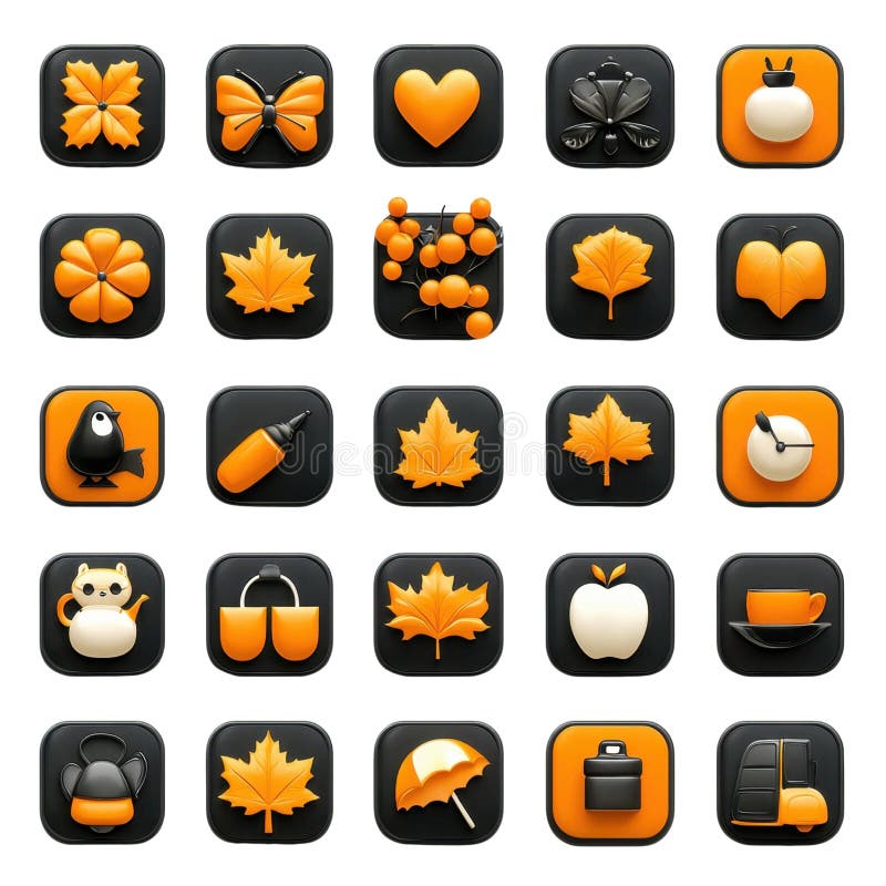 Collection of Orange and Black Rounded Square Icons Featuring Nature ...