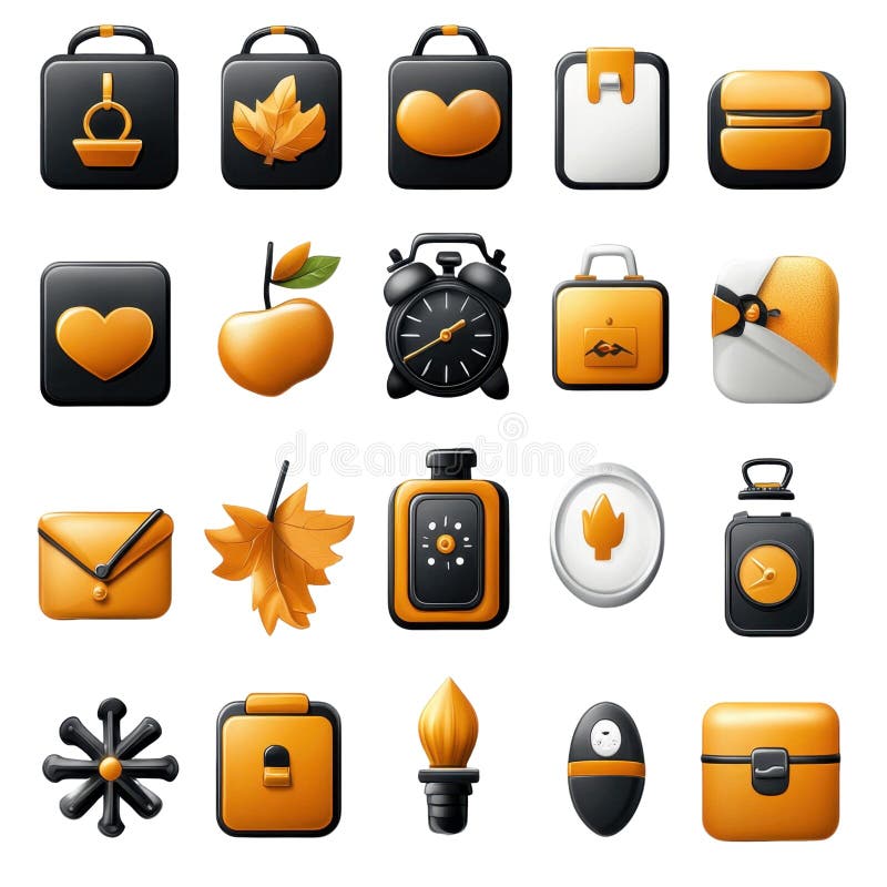 Collection of Orange and Black Rounded Square Icons Featuring Various ...