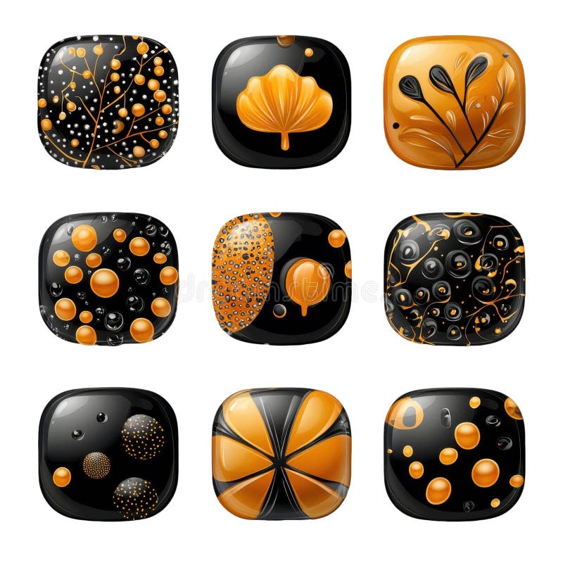 Collection of Orange and Black Rounded Square Icons Featuring Various ...