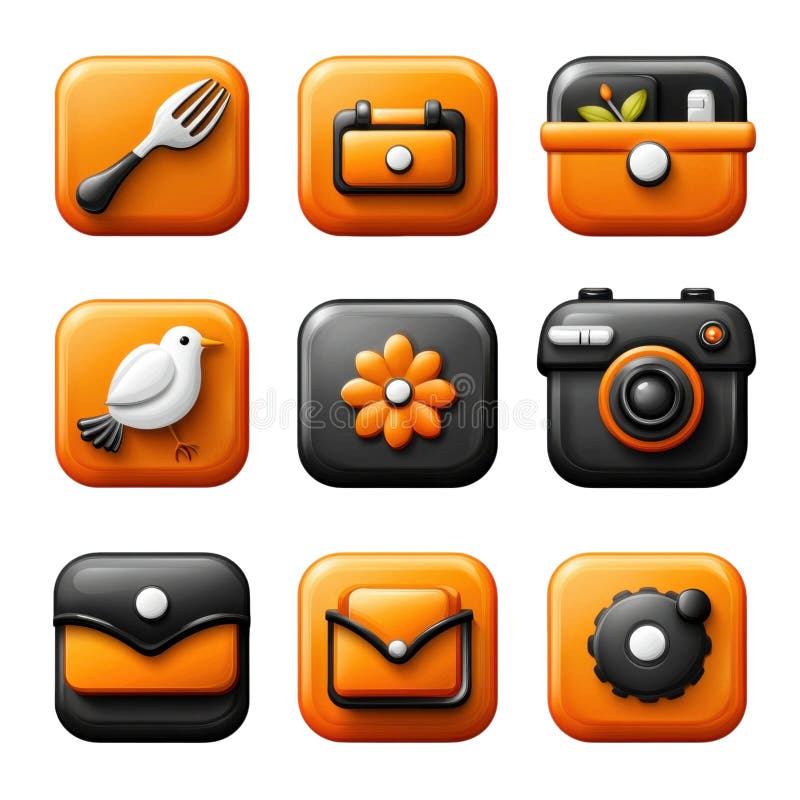 Collection of Orange and Black Rounded Square Icons Featuring Various ...