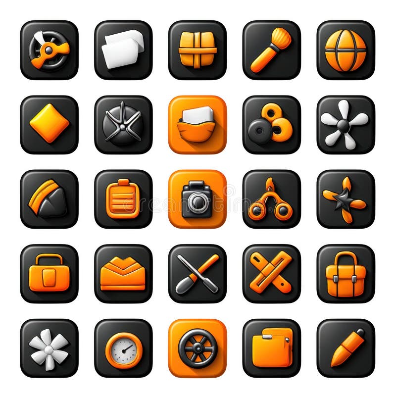 Collection of Orange and Black Rounded Square Icons Featuring Various ...