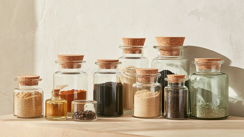 A Collection of Organic Spices in Glass Jars Displayed on a Light ...