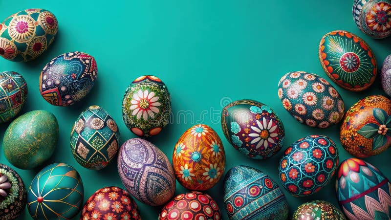A Collection of Ornate and Decoratively Painted Easter Eggs on a Teal Background. Generative AI ...