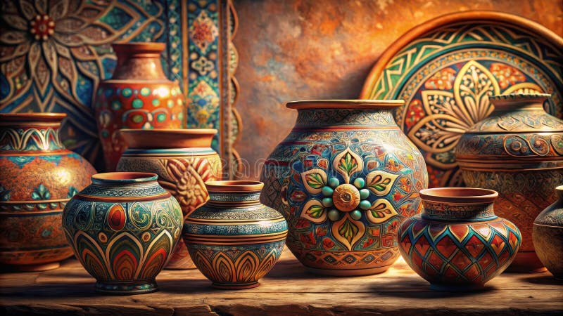 A Collection of Ornate Hand-Painted Ceramic Vessels with Intricate ...