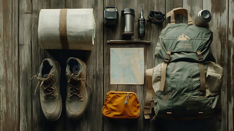 Outdoor Adventure Gear Neatly Arranged on Rustic Wooden Surface for ...