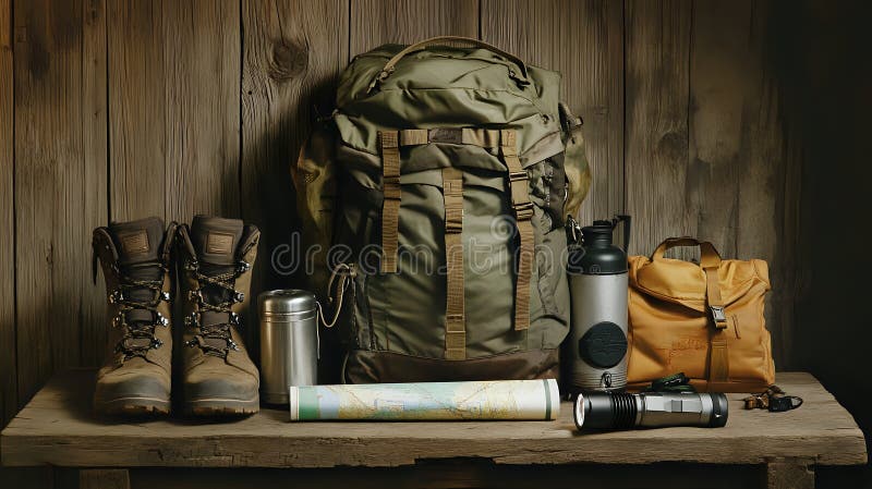 Collection of Outdoor Gear Arranged Neatly on a Rustic Wooden Surface ...