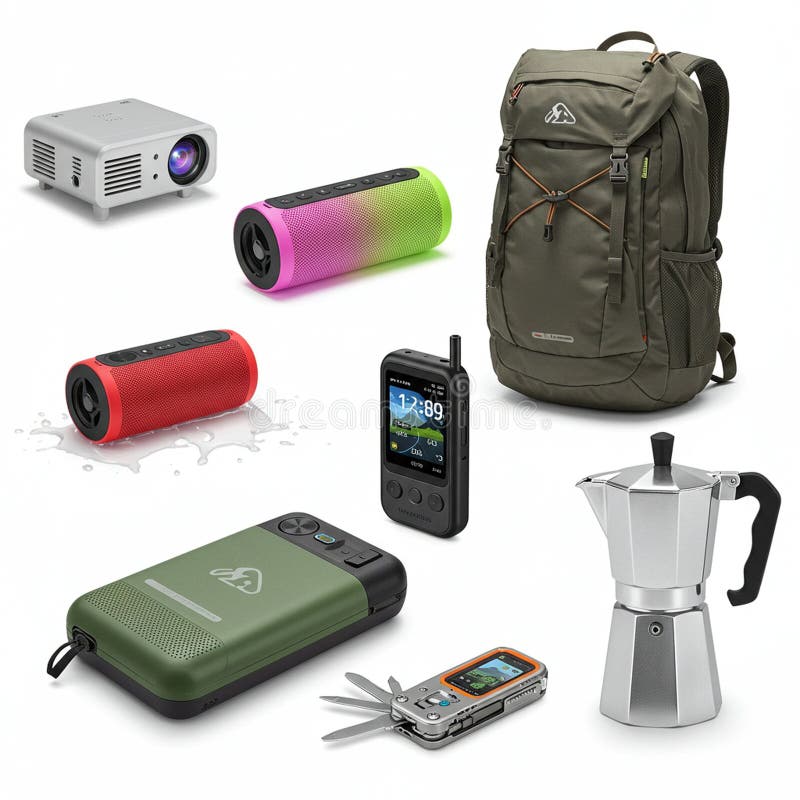 Collection of Outdoor and Tech Gear. Includes a Khaki Backpack, a ...