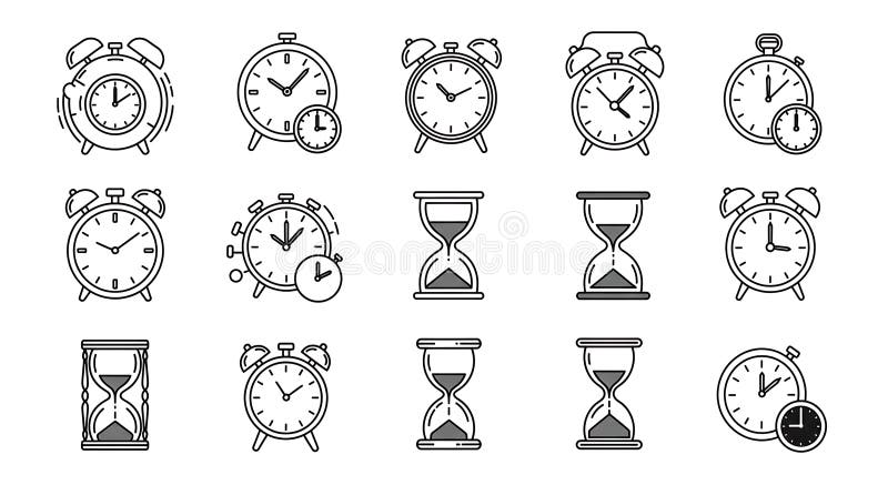 Clock and Hourglass Icons Timekeeping Elements Stock Illustration ...