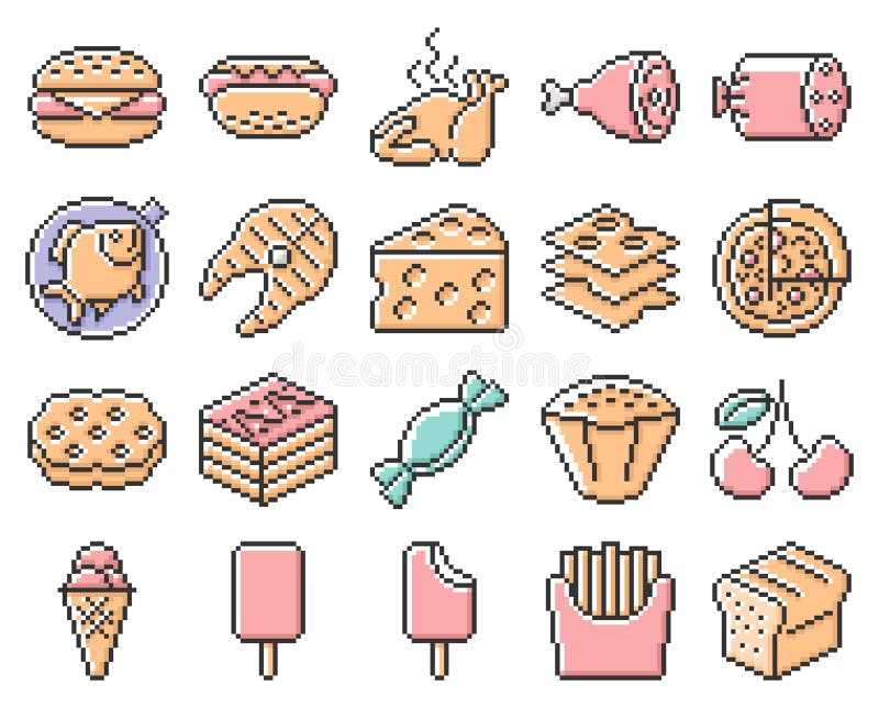 Pixel Art Food. Pixel Food on a Plate. Noodles, Lettuce, Beans, Shrimp ...