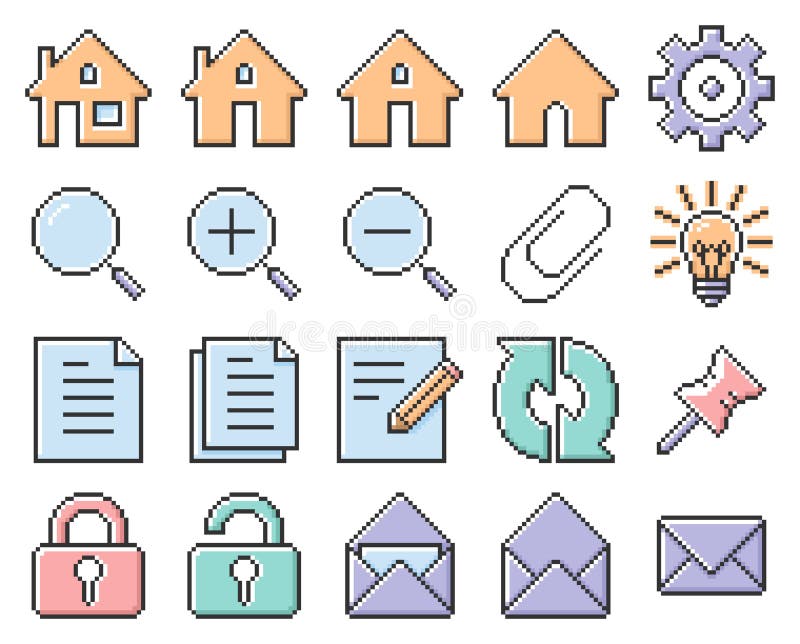 Collection of Outlined Pixel Icons Stock Vector - Illustration of paper ...