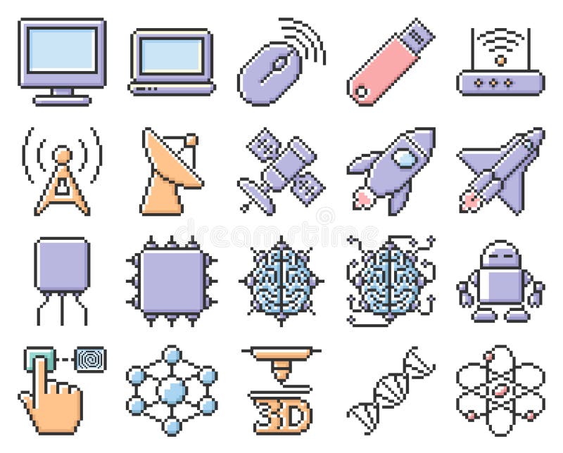 Collection of Outlined Pixel Technology Icons Stock Vector ...