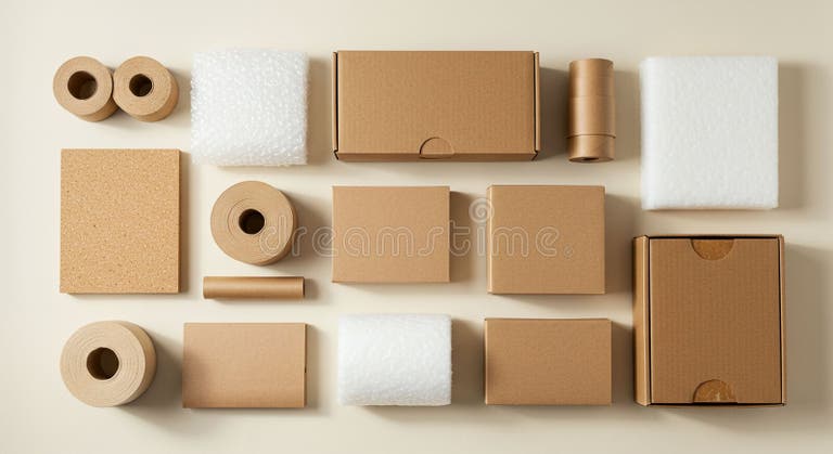 A Collection of Packaging Materials Arranged Neatly on a Beige Surface ...